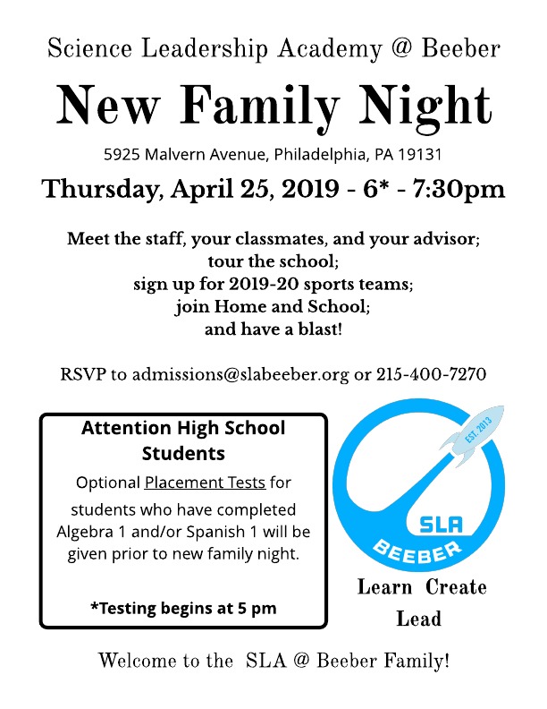 New Family Night 2018-19 - Science Leadership Academy at Beeber
